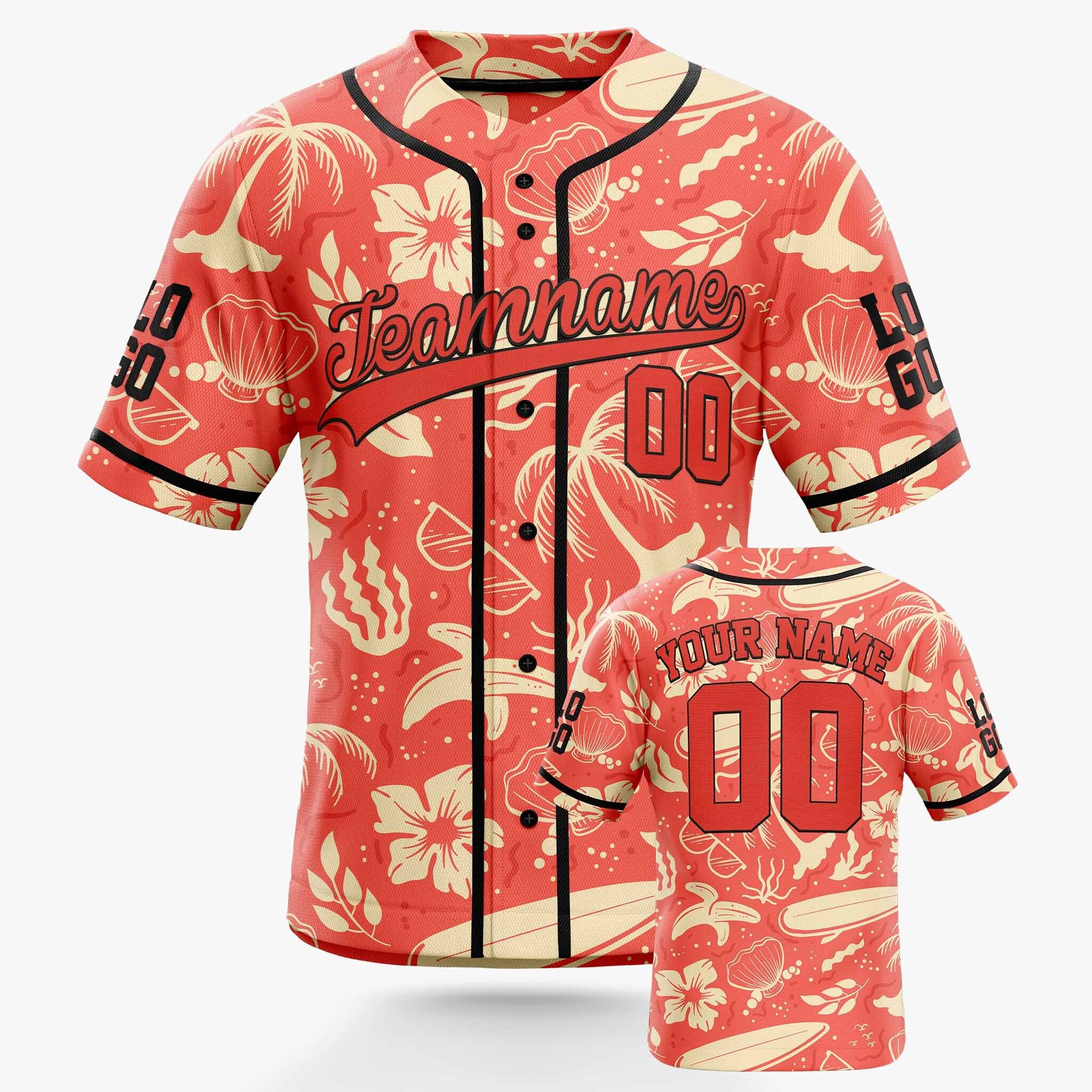Custom Hawaiian Baseball Jersey Salmon and Black With Piping - Design ...