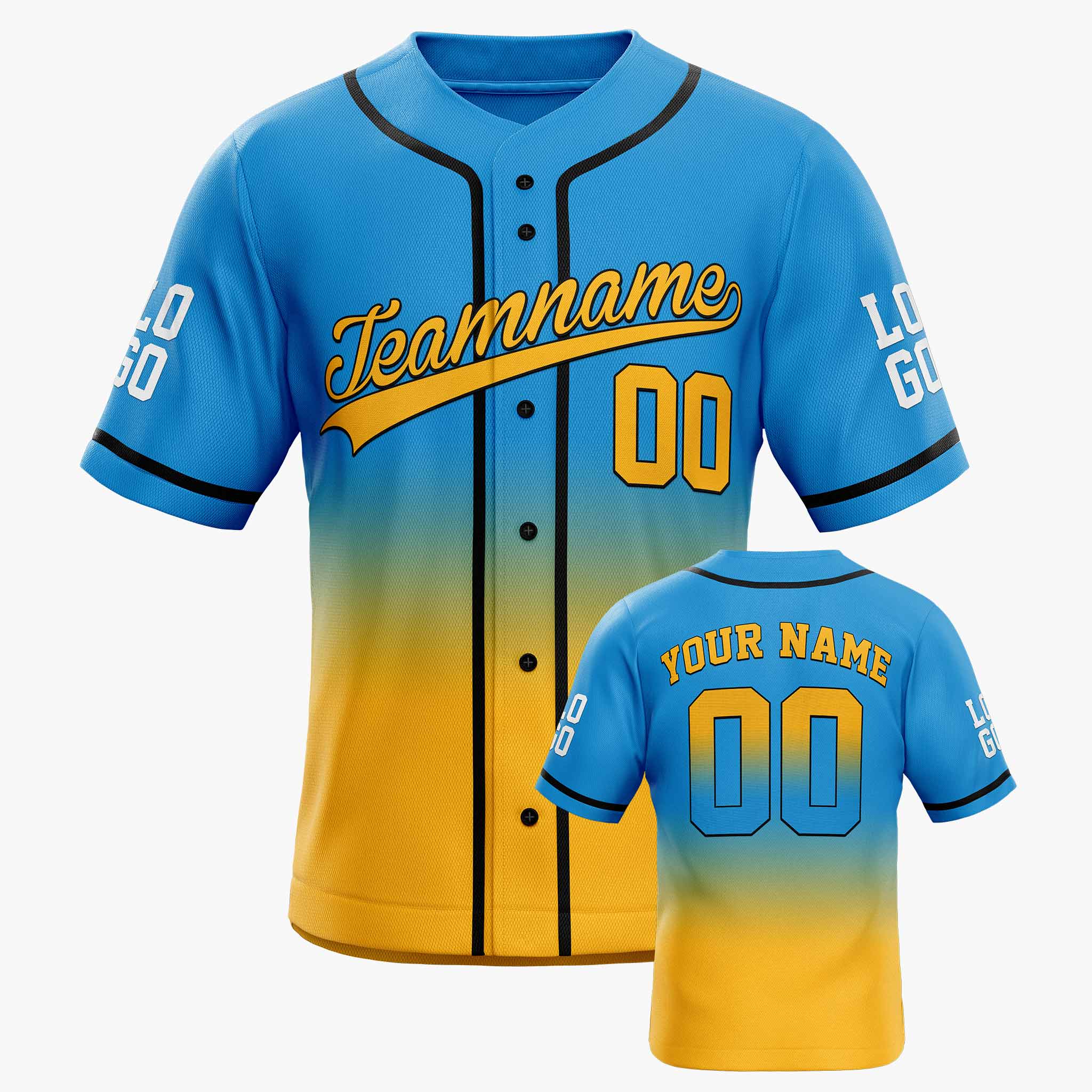 Custom Gradient Baseball Jersey Blue and Yellow With Black Piping - De ...